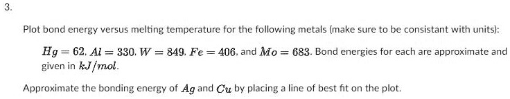 3. Plot bond energy versus melting temperature for the following metals ...