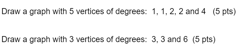 SOLVED: Draw a graph with 5 vertices of degrees: 1,1,2,2 and 4 (5 pts ... SOLVED: Draw a graph with 5 vertices of degrees: 1,1,2,2 and 4 (5 pts ...