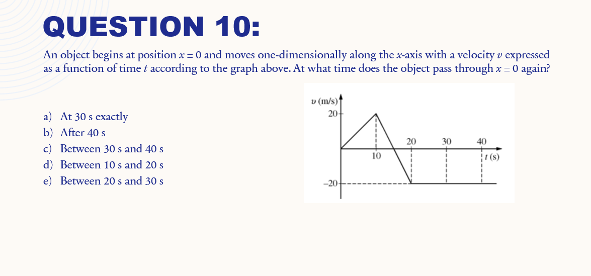 QUESTION 10: An object begins at position x=0 and moves one ...