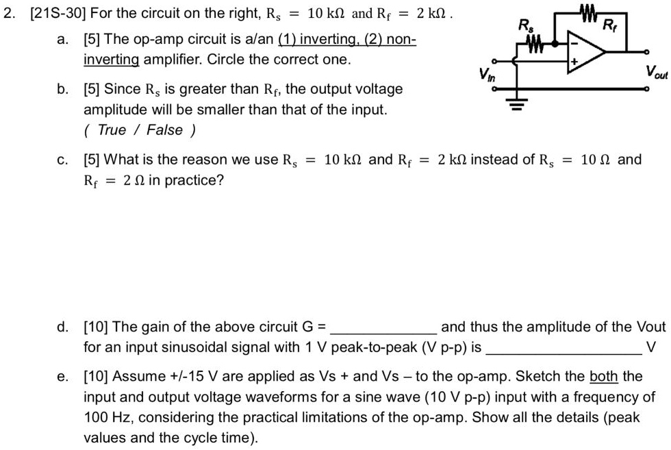 SOLVED: [21S-30] For the circuit on the right; Rs = 10 kÎ© and Rf = 2 kÎ© [5]. The op-amp ...