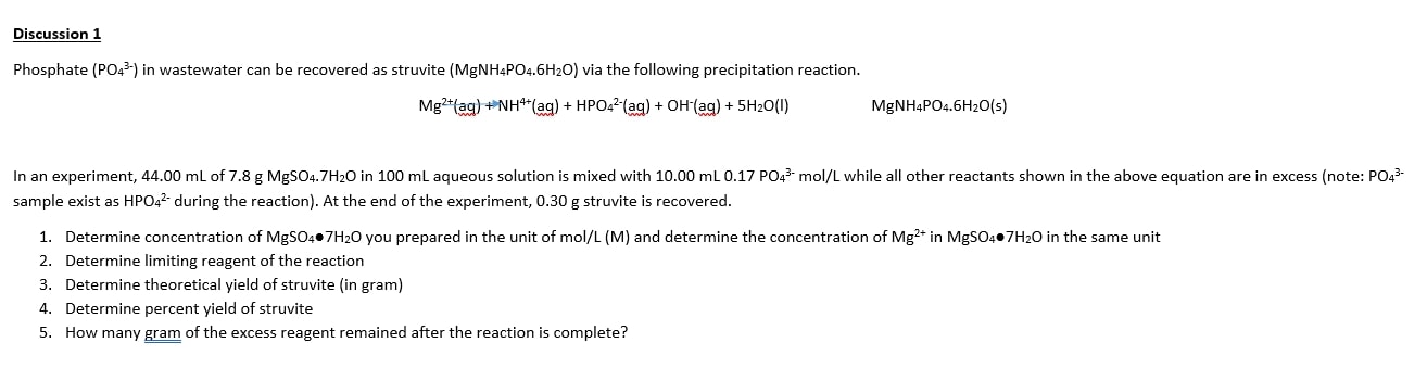 SOLVED: Phosphate (PO43-) in wastewater can be recovered as struvite ...