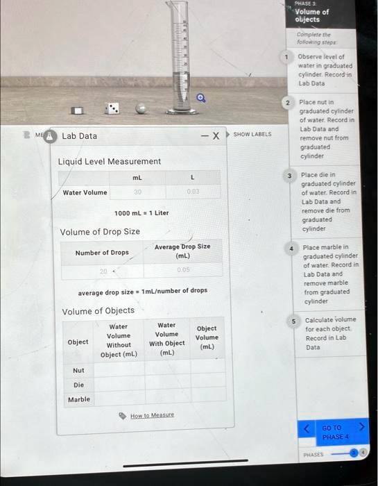 Lab Data Liquid Level Measurement mL L Water Volume 30 0.03 1000 mL = 1 ...