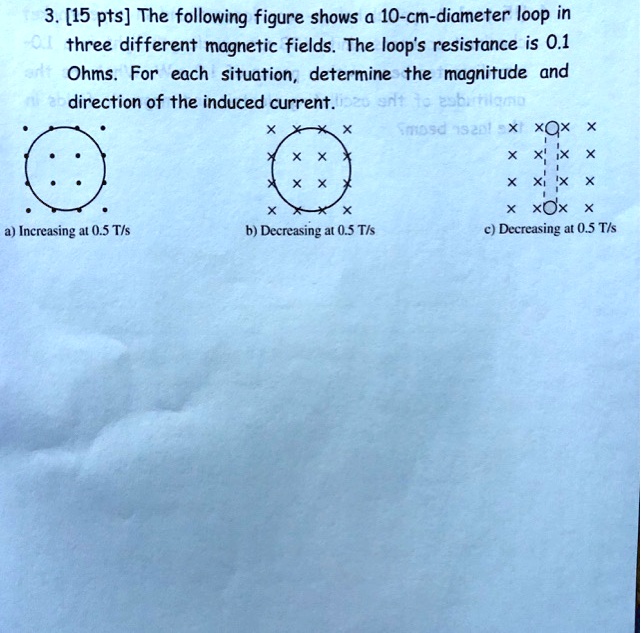 SOLVED: 3. [15 pts] The following figure shows a 10-cm-diameter loop T three different magnetic ...