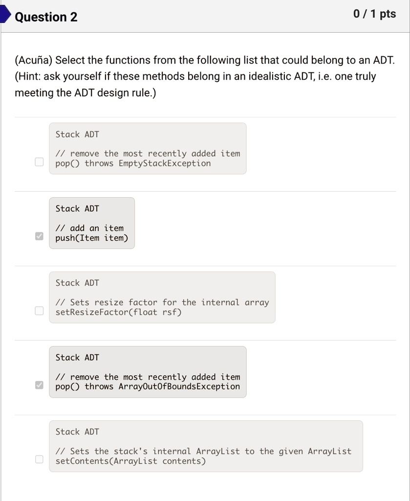 SOLVED: Question 2 (0)/(1) pts (Acuña) Select the functions from the following list that could ...