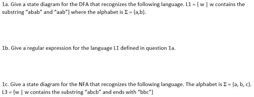 SOLVED: la. Give a state diagram for the DFA that recognizes the following language. L1 = w ...