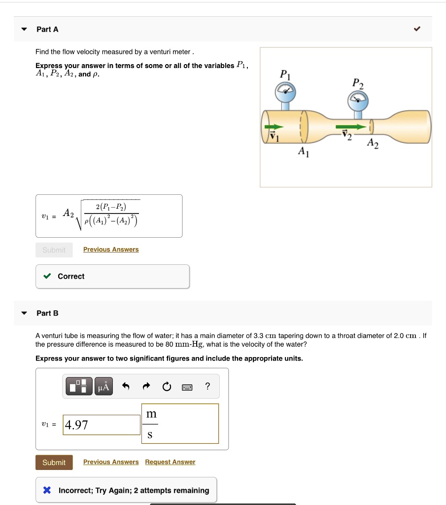 part a find the flow velocity measured by a venturi meter express your ...