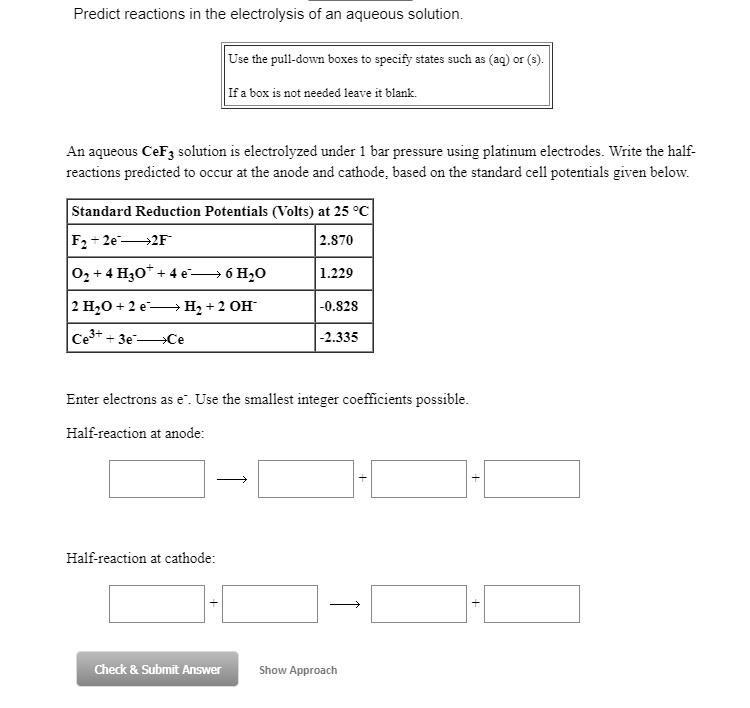 Predict reactions in the electrolysis of an aqueous solution. Use the ...