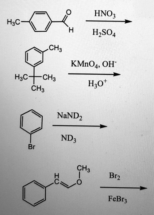SOLVED: HNO3 H3C - H2SO4 CH3 KMnO4, OH- H3C CH3 H2O CH3 NaN3 N2 Br CH3 ...