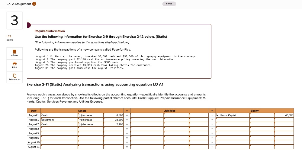 Ch. 2 Assignment Saved 3 Required information Use the following ...