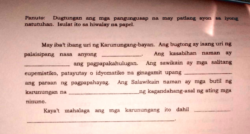 SOLVED: dugtungan ang MGA bakasalingguhit na patlang Panuto: Dugtungan ...
