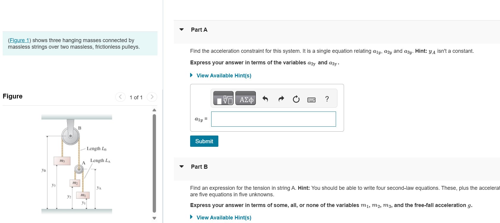 (Figure 1) shows three hanging masses connected by massless strings ...