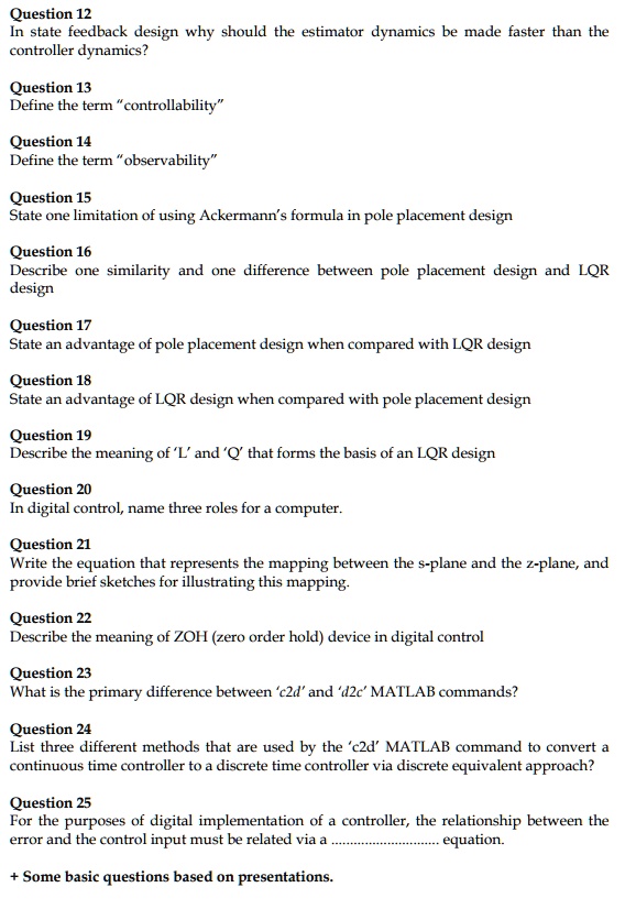 SOLVED: Need help with these definitions Question 12 In state feedback ...