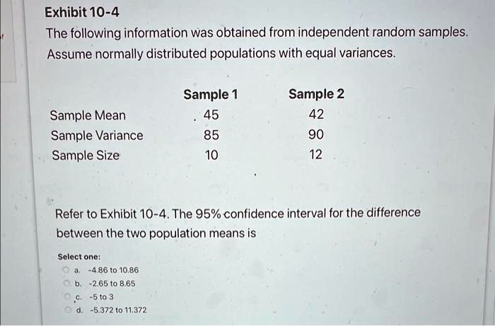 SOLVED: Exhibit 10-4: The following information was obtained from independent random samples ...