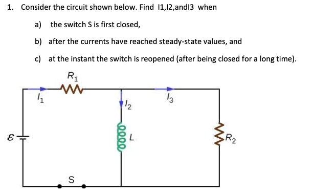 Consider the circuit shown below. Find I1, I2, and I3 when the switch S is first closed, after ...