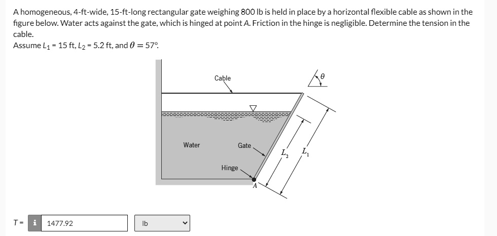 a homogeneous4 ft wide15 ft long rectangular gate weighing 800 lb is ...