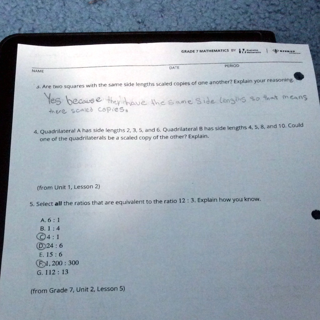 SOLVED: 'Scaled copies question 3 and 4 GRADE MathematicS i c J DATE ...