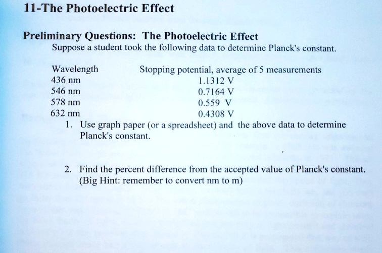 SOLVED: 11 - The Photoelectric Effect Preliminary Questions: The Photoelectric Effect Suppose a ...