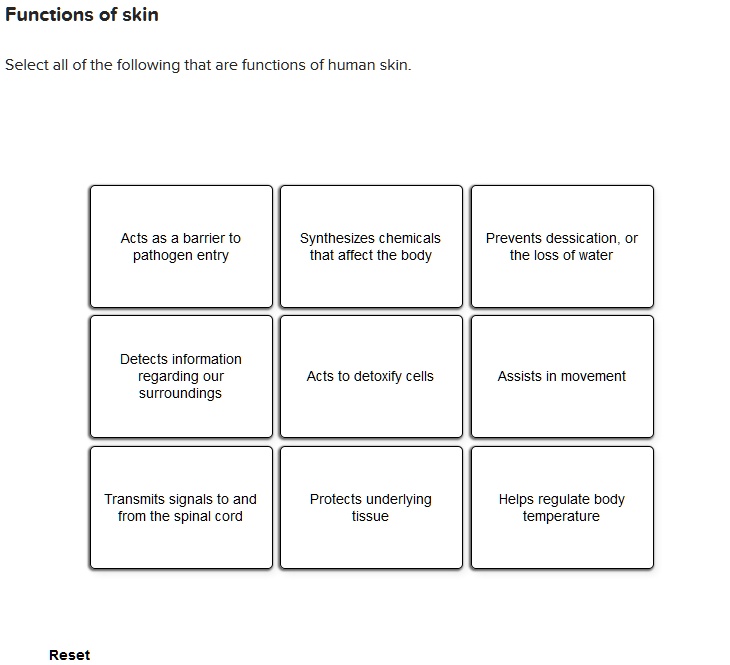 Functions of skin Select all of the following that are functions of ...