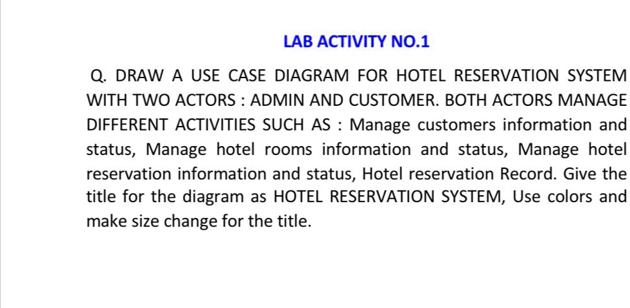 SOLVED: LAB ACTIVITY NO. 1 Q. DRAW A USE CASE DIAGRAM FOR HOTEL RESERVATION SYSTEM WITH TWO ...
