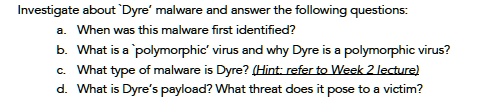 investigate about dyre malware and answer the following questions a ...