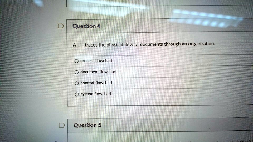 SOLVED: Question 4 A traces the physical flow of documents through an ...