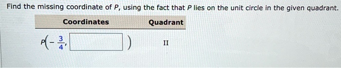 SOLVED: Find the missing coordinate of P, using the fact that lies on the unit circle in the ...