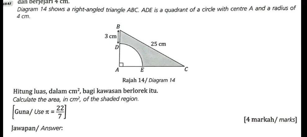 SOLVED: aan perjejar + cm: Diagram 14 shows a right-angled triangle ABC ...
