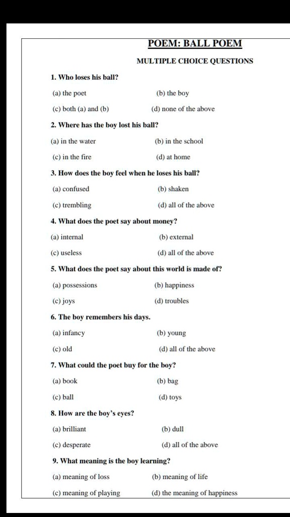 class 10 first flight poem ball poem tell the answer mcq poemeball poem ...