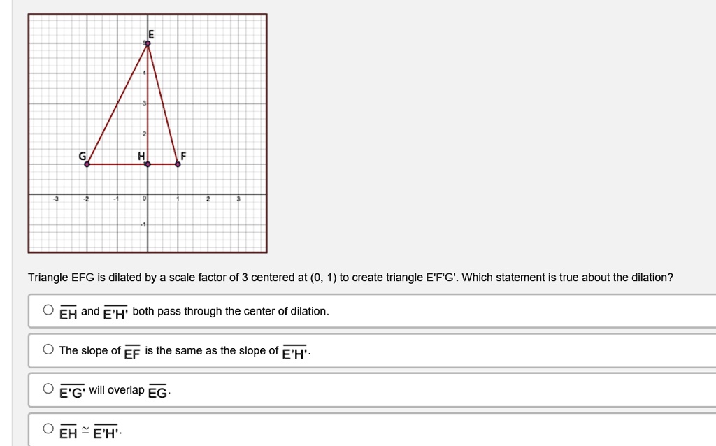 SOLVED: Triangle EFG is dilated by scale factor of 3 centered at (0, 1) to create triangle E'F'G ...