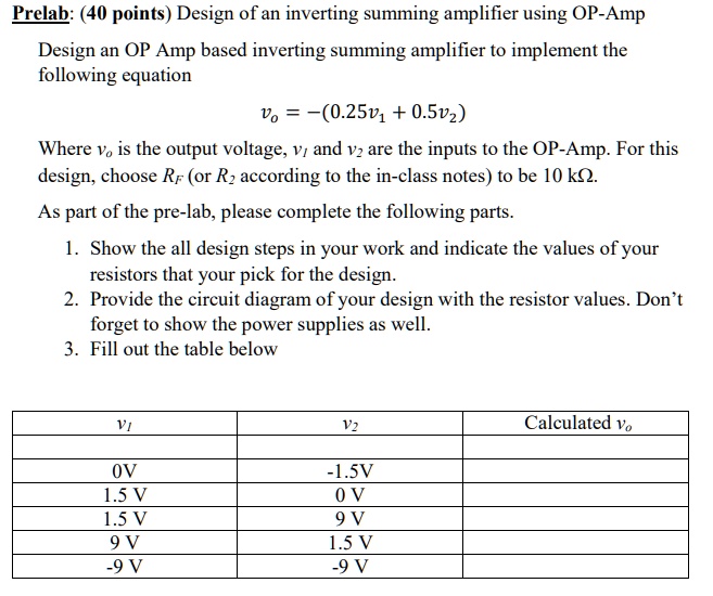 SOLVED: Prelab: (40 points) Design of an inverting summing amplifier using OP-Amp following ...