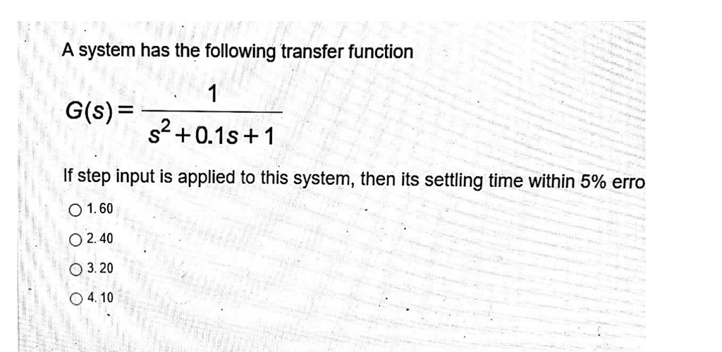 SOLVED: Texts: A system has the following transfer function: G(s) = 1 / (s^2 + 0.1s + 1) If a ...