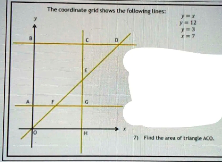 The coordinate grid shows the following lines: y = x y = 12 y = 3 x = 7 7) Find the area of ...