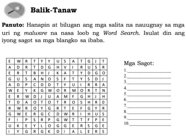 SOLVED: Balik-Tanaw Panuto: Hanapin at bilugan ang mga salita na nauugnay sa mga uri ng malware ...