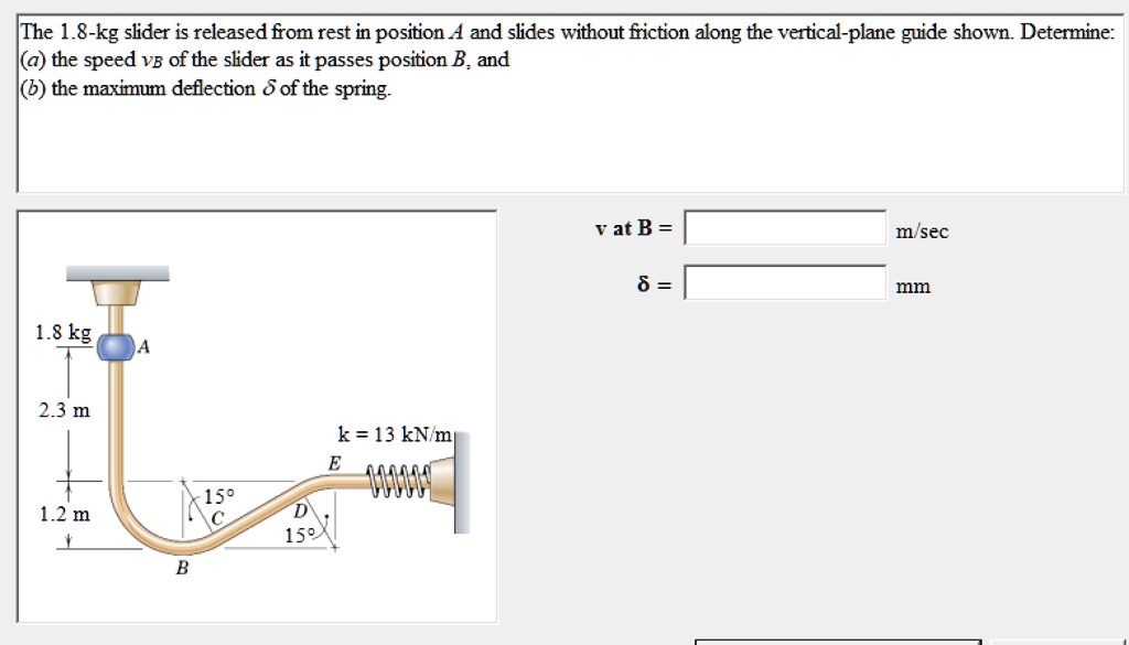 The 1.8-kg slider is released from rest in position A and slides without friction along the ...