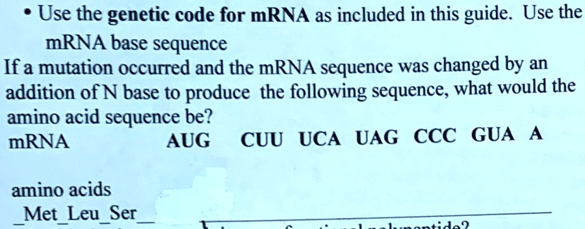 Use the genetic code for mRNA as included in this guide. Use the mRNA base sequence If a ...