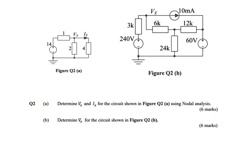 Vx 10mA 3k 6k 12k 1 Vx Ix 240V + 60V+ 14 + 2 4 24k Figure Q2 (a) Figure Q2 (b) Q2 (a) Determine ...