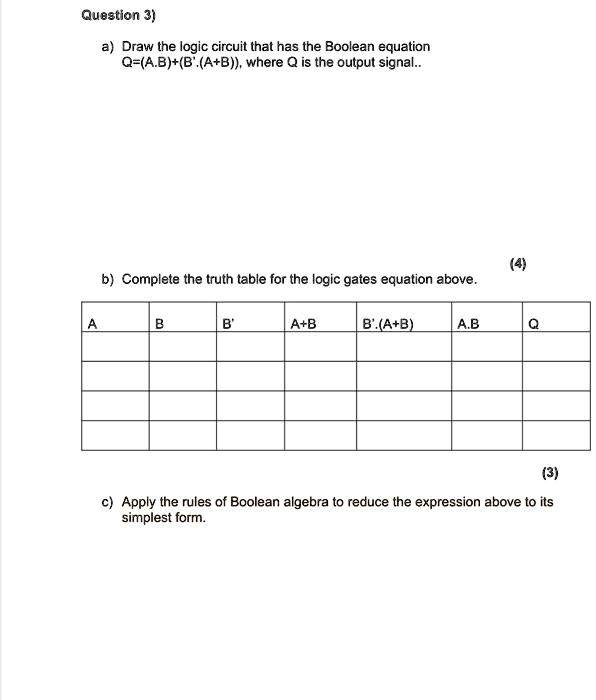 Solved A Draw The Logic Circuit That Has The Boolean Equation Q A B B A B Where Q Is The
