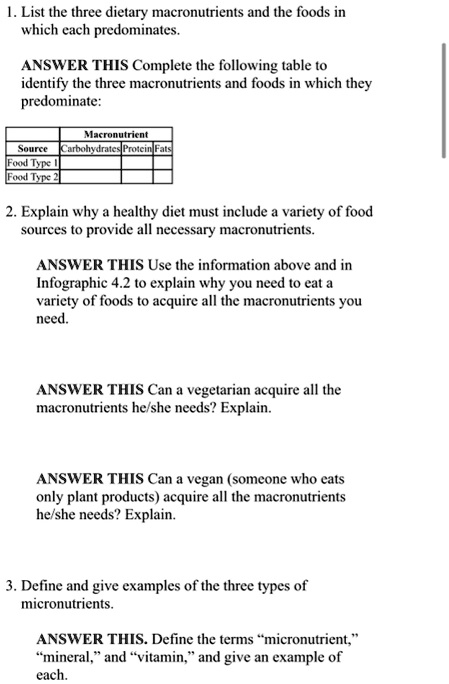 SOLVED: List the three dietary macronutrients and the foods in which ...