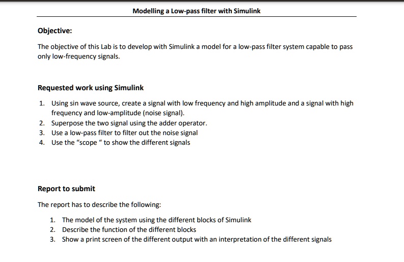 Solved Modelling A Low Pass Filter With Simulink Objective The