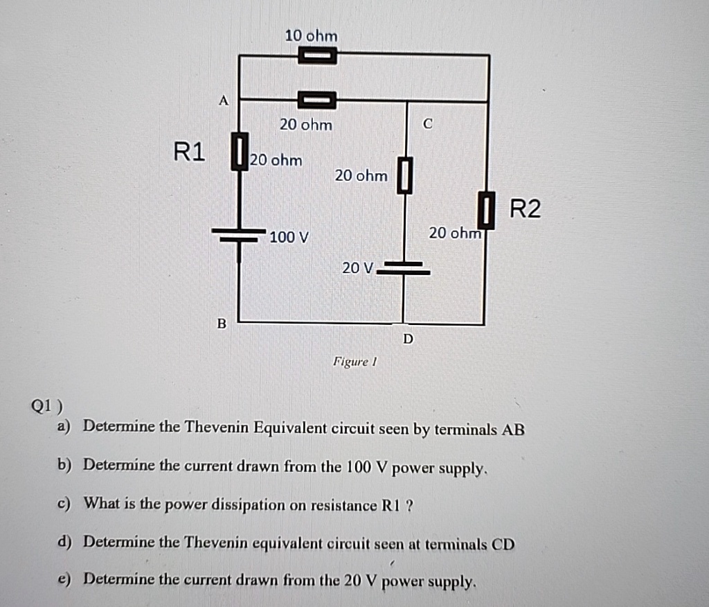 10 ohm a 20 ohm r1 20 ohm 20 ohm b c r2 100 v 20 ohm 20 v d figure 1 q1 a determine the thevenin ...