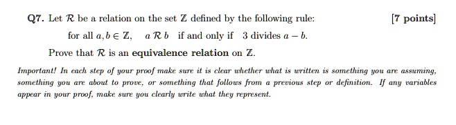 SOLVED: Q7: Let R be a relation on the set Z defined by the following rule: for all a, b âˆˆ Z ...
