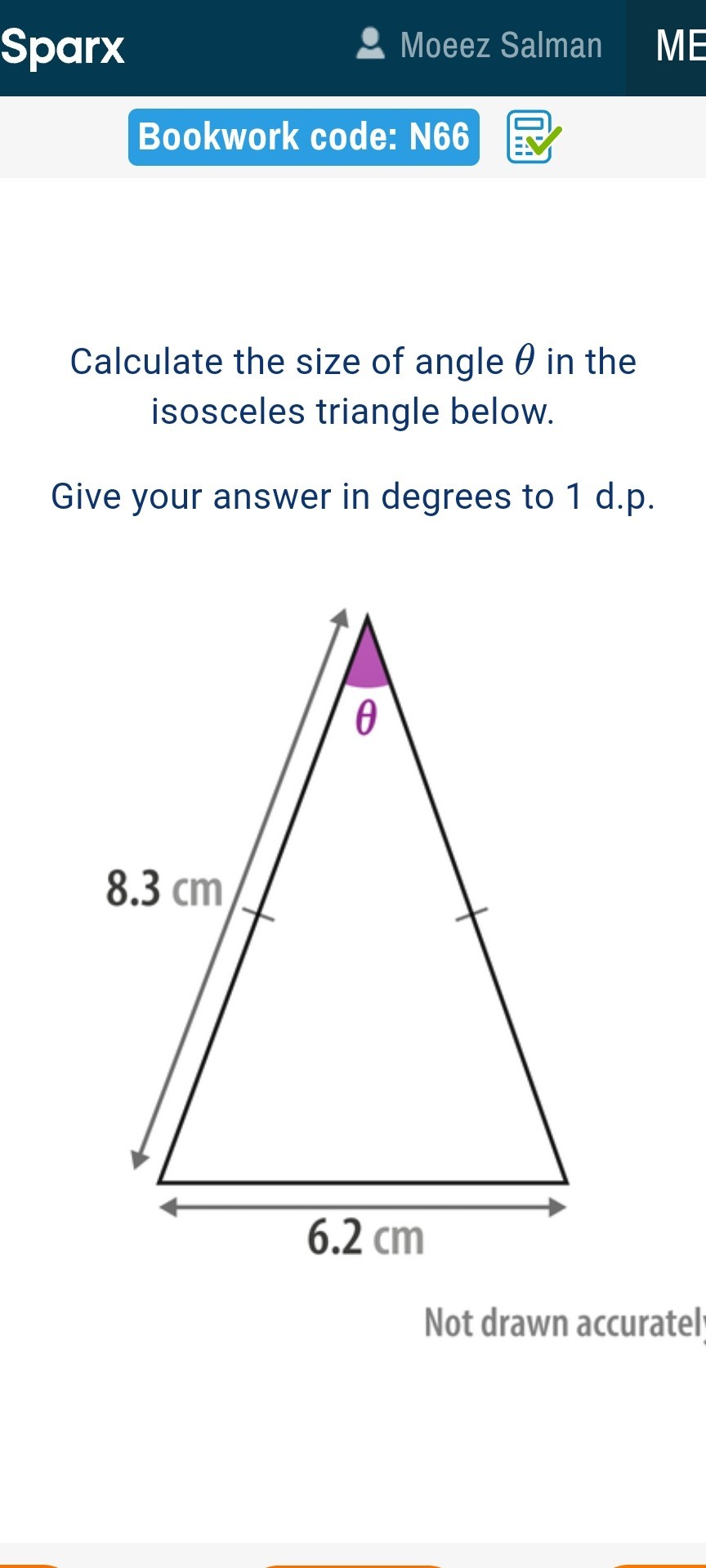 Calculate the size of angle θ in the isosceles triangle below. Give your answer in degrees to 1 ...