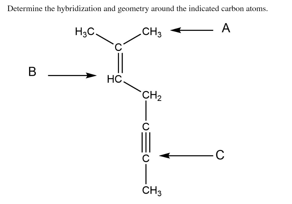 Solved Determine The Hybridization And Geometry Around The Indicated Carbon Atoms A H3c Chz B