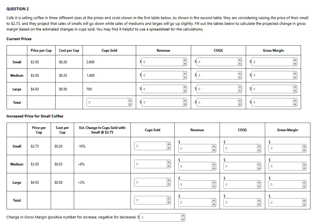 QUESTION 2 Cafe X is selling coffee in three different sizes at the ...
