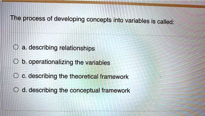 the process of developing concepts into variables is called describing relationships b ...