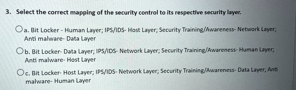 3. Select the correct mapping of the security control to its respective security layer. a. Bit ...