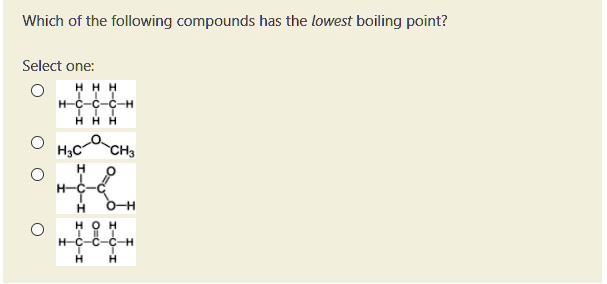 SOLVED: Which of the following compounds has the lowest boiling point? Select one: CH3