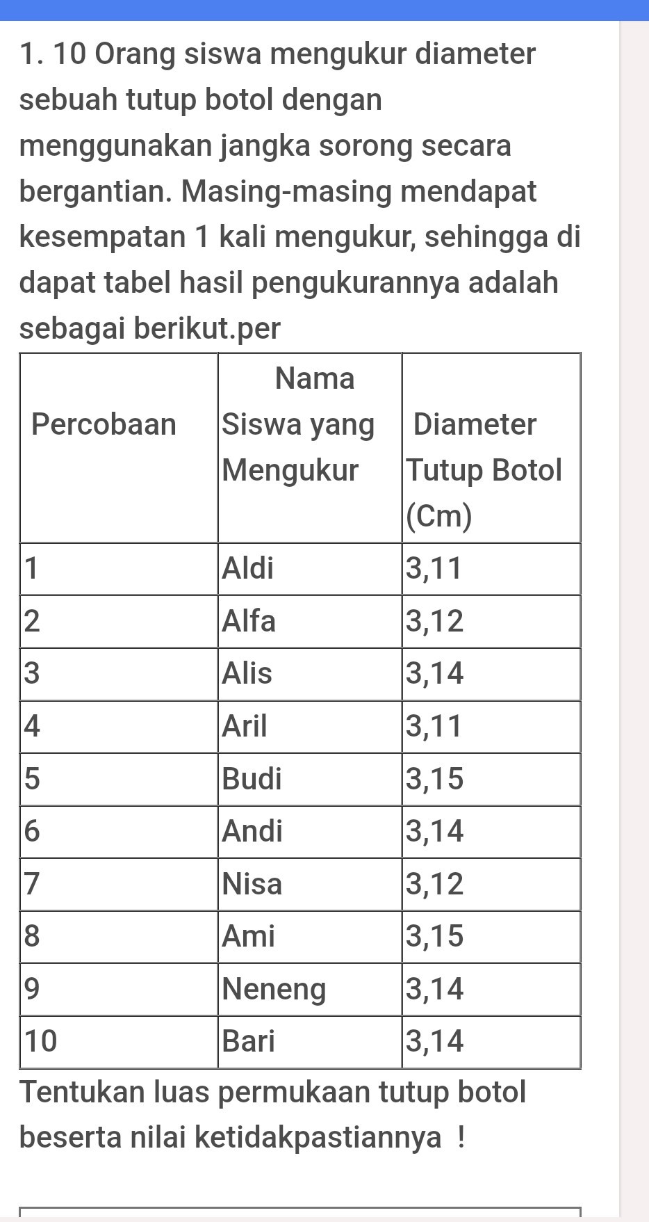 SOLVED: 1. 10 Orang siswa mengukur diameter sebuah tutup botol dengan ...