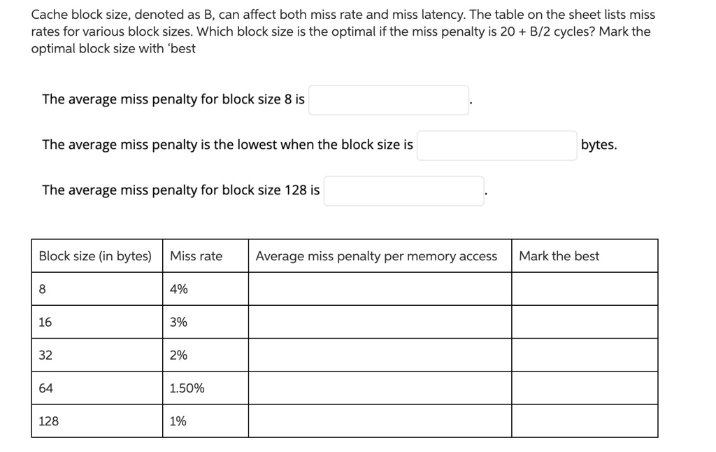 Cache block size, denoted as B, can affect both miss rate...