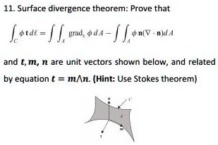 11. Surface divergence theorem: Prove that ϕ dt = grad ϕ dA - ϕ∇·𝐧 dA ...